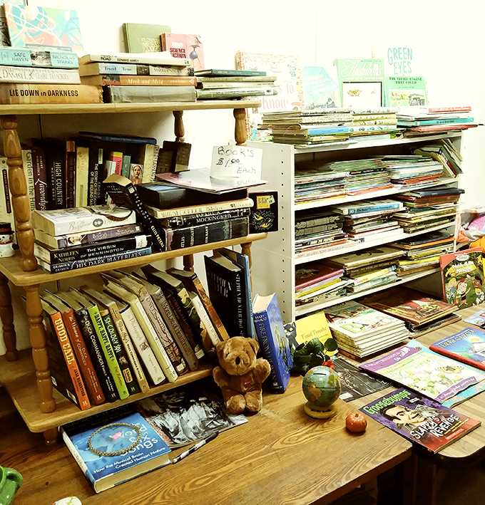 Literary treasures stacked with care, where dog-eared paperbacks and forgotten classics create the most affordable library expansion program in Pennsylvania.