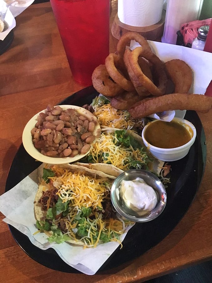 Tacos gone rogue&mdash;when barbecue meets Tex-Mex and nobody loses. Those onion rings are the supporting actors who steal the scene.