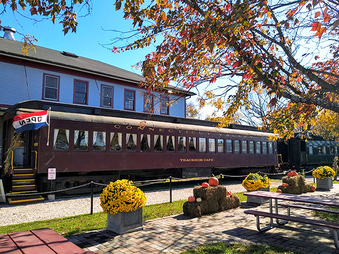 The Trackside Caf&eacute; sits ready for hungry travelers in a converted coach that's seen better days everywhere.