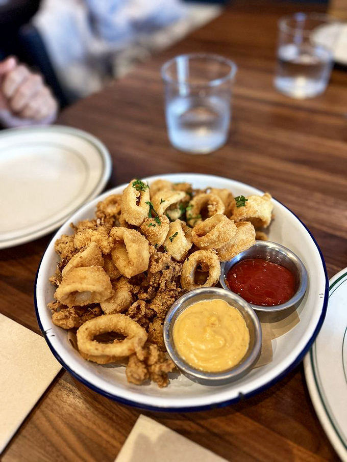 Calamari that defies the rubbery reputation of lesser versions. These golden rings deserve their own jewelry box, not just those dipping sauces.