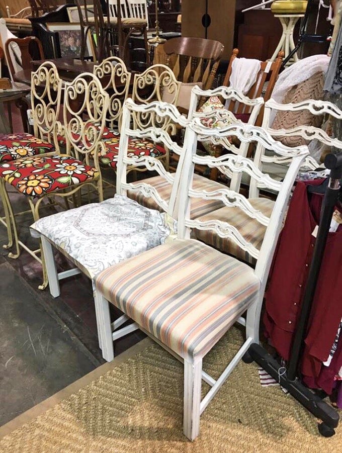 A chair parade of personality! From elegant scrollwork to homey stripes, these seats have supported generations of family dinners and lively conversations.