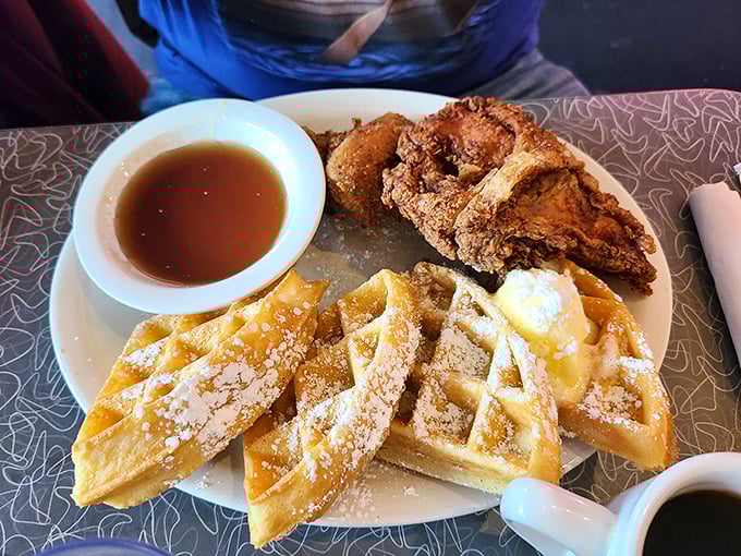 Chicken and waffles: the breakfast-lunch alliance that proves some of history's best partnerships involve maple syrup.