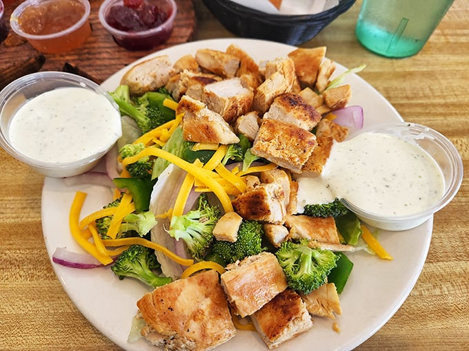 A chicken salad that proves healthy eating doesn't have to be punishment. Those cheese shreds are doing the Lord's work.