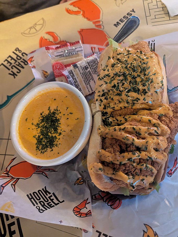 This po' boy sandwich might have humble origins, but there's nothing poor about these flavors. Seafood meets New Orleans tradition.