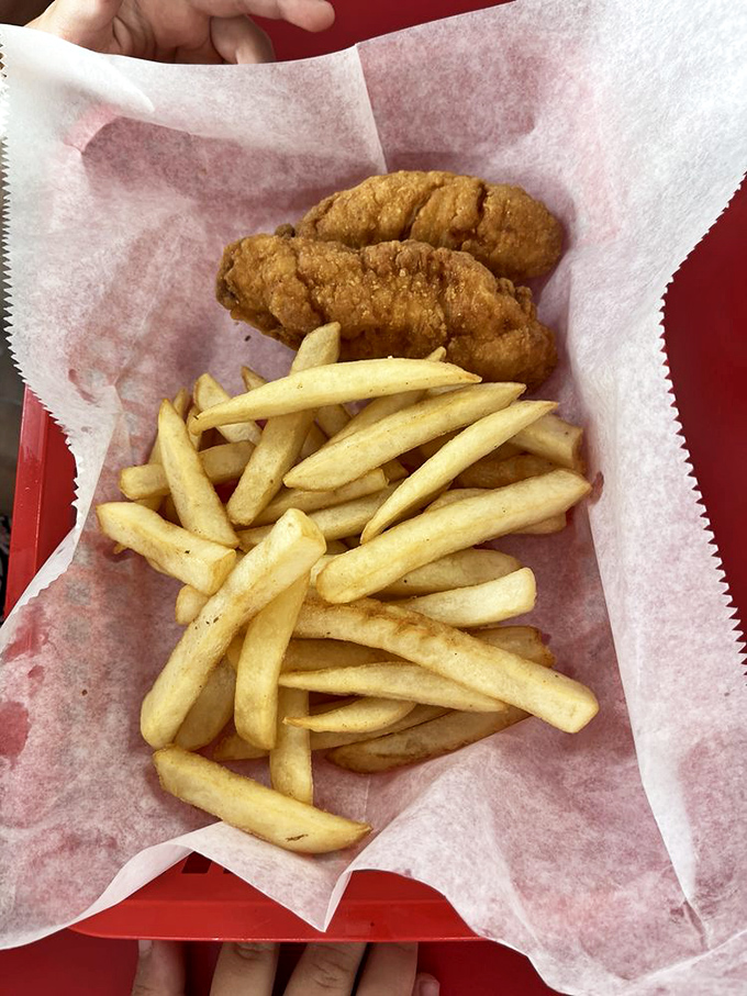Chicken tenders and fries that remind you why sometimes the simplest pleasures are the most satisfying. No foodie hashtags required.