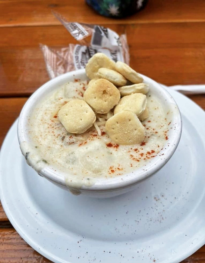 Clam chowder that demands respect. Topped with oyster crackers and a sprinkle of paprika, this creamy bowl warms souls on foggy coastal days.