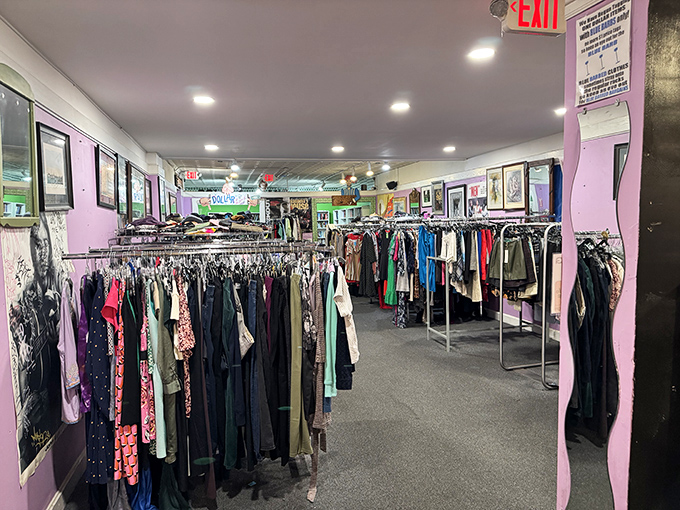 A sea of clothing racks stretches through pink-walled rooms, where yesterday's fashion trends wait for their inevitable comeback.