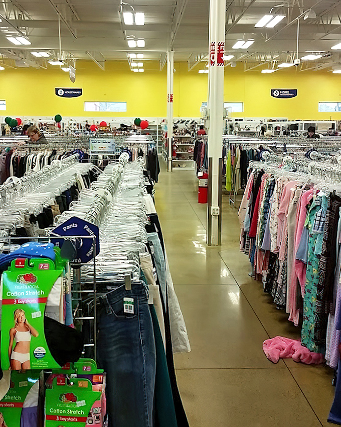 Clothing racks stretch toward the horizon like rows in a vineyard. Each garment waits for its second chance at fashion glory.