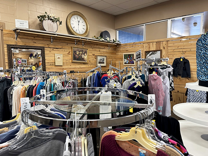 Circular racks of possibility! The clothing section offers everything from casual basics to "where did you get that?" statement pieces at prices that feel like typos.