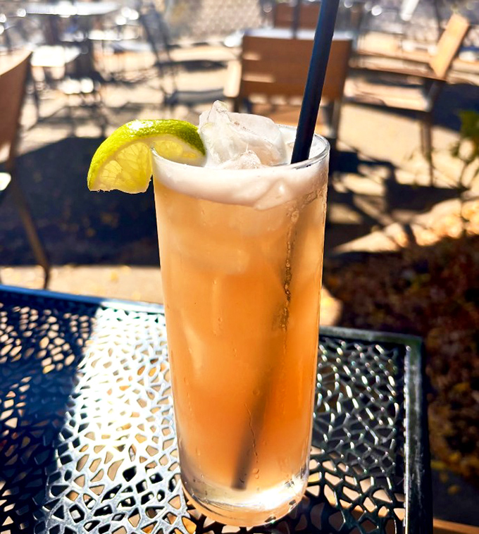 A refreshing cocktail catching afternoon light on the patio &ndash; that lime wedge isn't just garnish, it's an exclamation point on summer in a glass.