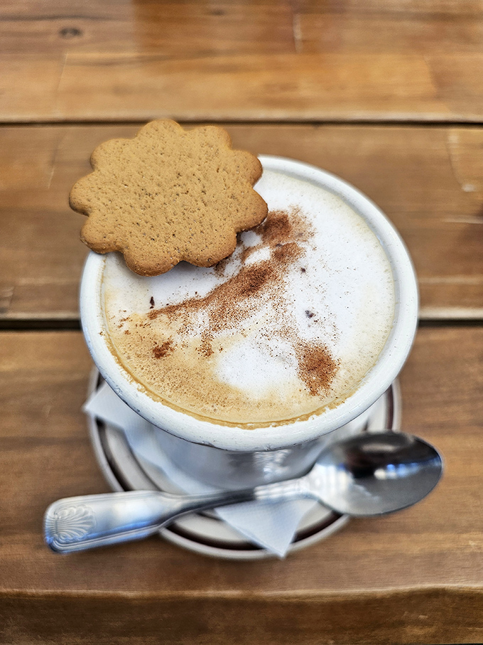 Coffee elevated to art form—frothy, cinnamon-dusted, and cookie-crowned. This isn't just caffeine; it's morning motivation in ceramic form.