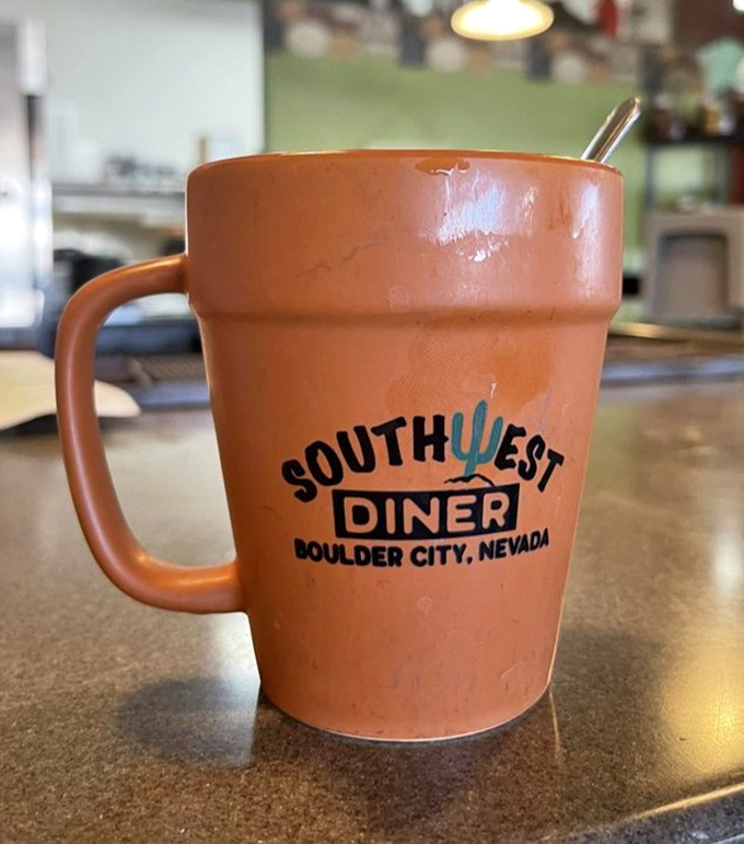 Their signature terracotta coffee mug isn't just a vessel &ndash; it's practically a Boulder City landmark, promising unlimited refills and local pride in equal measure.