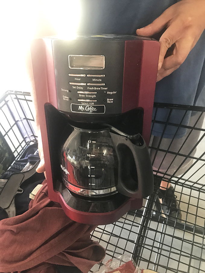 "But does it still work?" A Mr. Coffee machine awaits its caffeine-dependent rescuer, ready to brew new morning memories in someone else's kitchen.