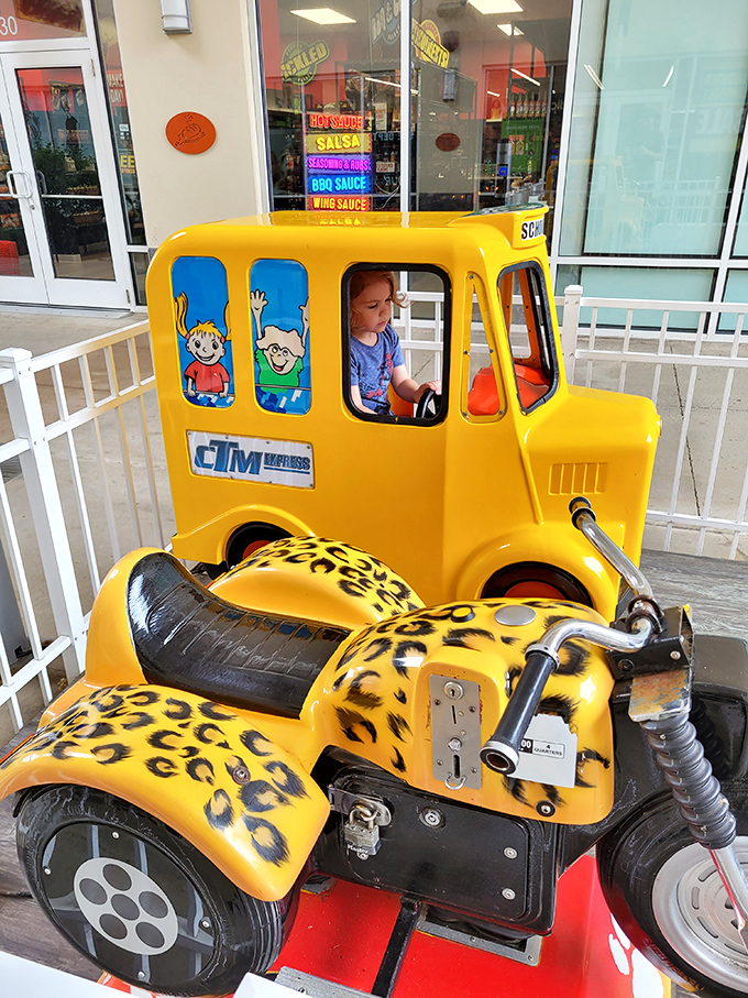 Kiddie rides: where children experience momentary joy while parents experience momentary peace to contemplate their next shopping conquest. 
