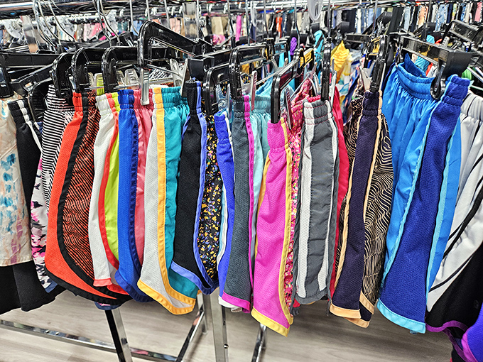 Rainbow rows of athletic shorts prove that Florida's unofficial uniform comes in every color imaginable. Vacation vibes on every hanger.