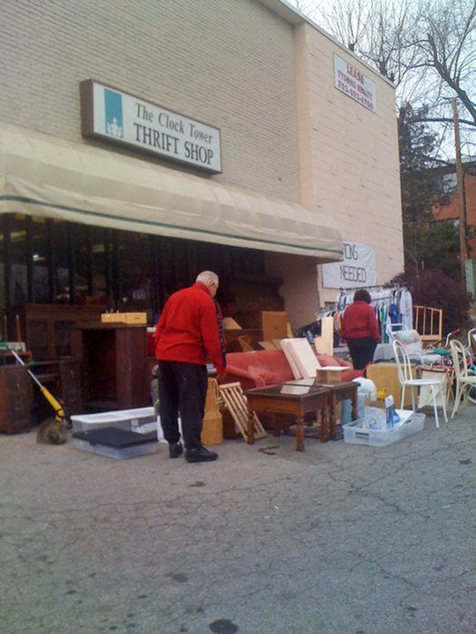 Shoppers examine outdoor treasures with the focused concentration of archaeologists. The thrill of the hunt is universal in the thrifting world.