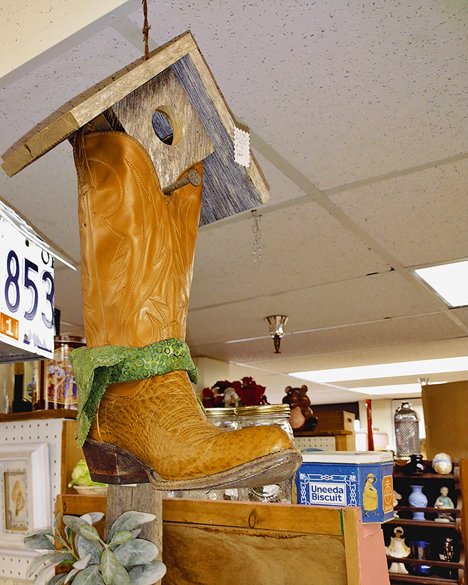 When cowboy boots retire, they become art. This leather-to-lumber transformation gives new meaning to "these boots were made for nesting."