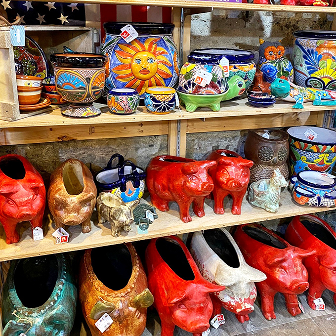 Colorful pottery and ceramic pigs stand guard over treasures, their expressions saying "Yes, you absolutely need another decorative pig."