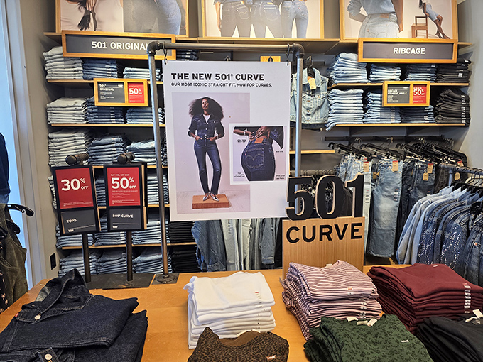 Levi's denim display showcases the "501 Curve," proving that finding the perfect pair of jeans remains humanity's most persistent quest.