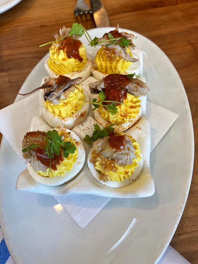 These deviled eggs topped with crab might make you question everything you thought you knew about picnic classics.