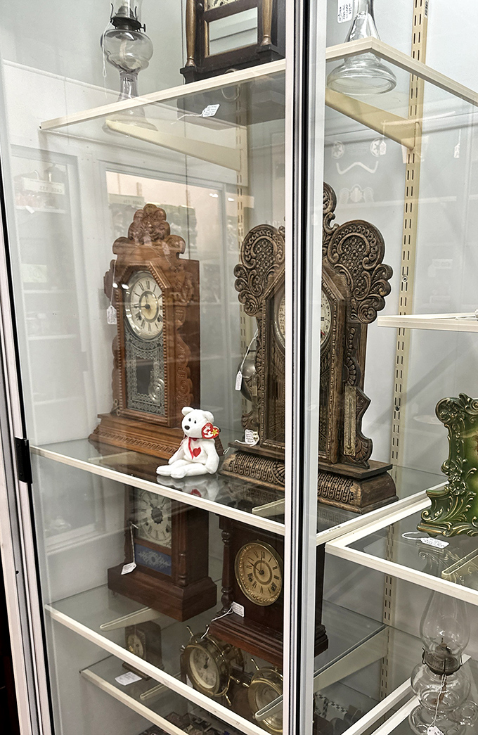 Timepieces that have witnessed decades tick by, each wooden clock face telling stories of families gathering around dinner tables long ago.