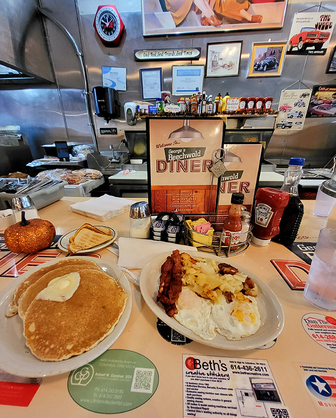 Counter-culture at its finest &ndash; pancakes on one plate, eggs and bacon on another. The diner's version of a balanced breakfast portfolio.