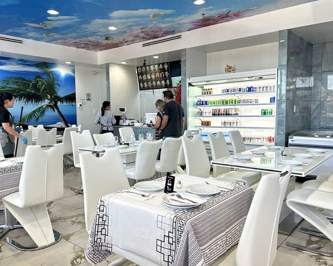 Clean, bright interiors with ocean-blue ceilings create a refreshing dining atmosphere. Like eating in an aquarium, minus the judgmental fish.