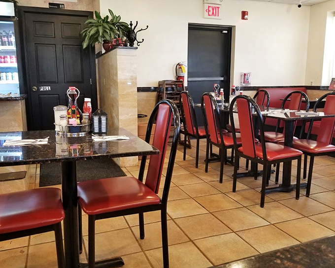 Red chairs await the next wave of regulars&mdash;this dining area has hosted first dates, family reunions, and countless "just because" meals.
