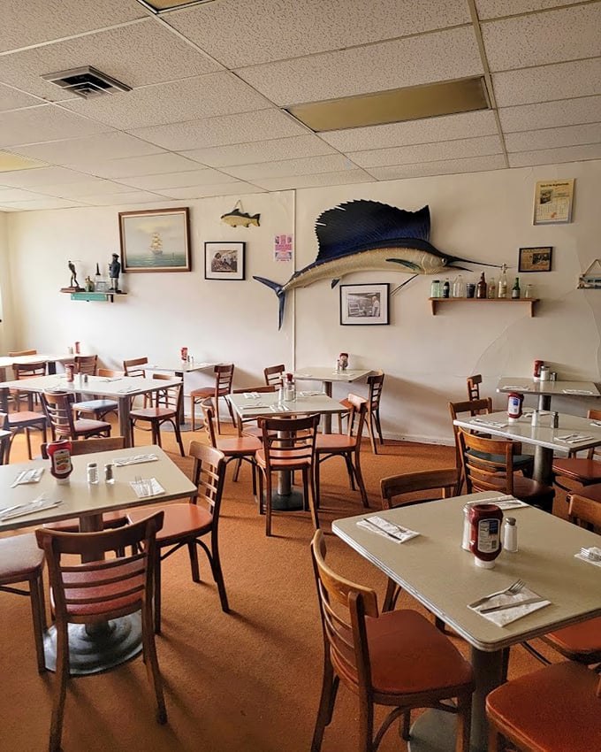 More mounted fish watching over diners &ndash; they're not judging your appetite, they're jealous of what's on your plate.