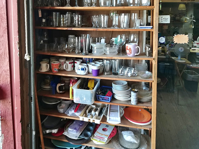 Mismatched plates and forgotten glassware find new purpose here&mdash;one person's castoff becomes another's perfectly "curated" dining collection.