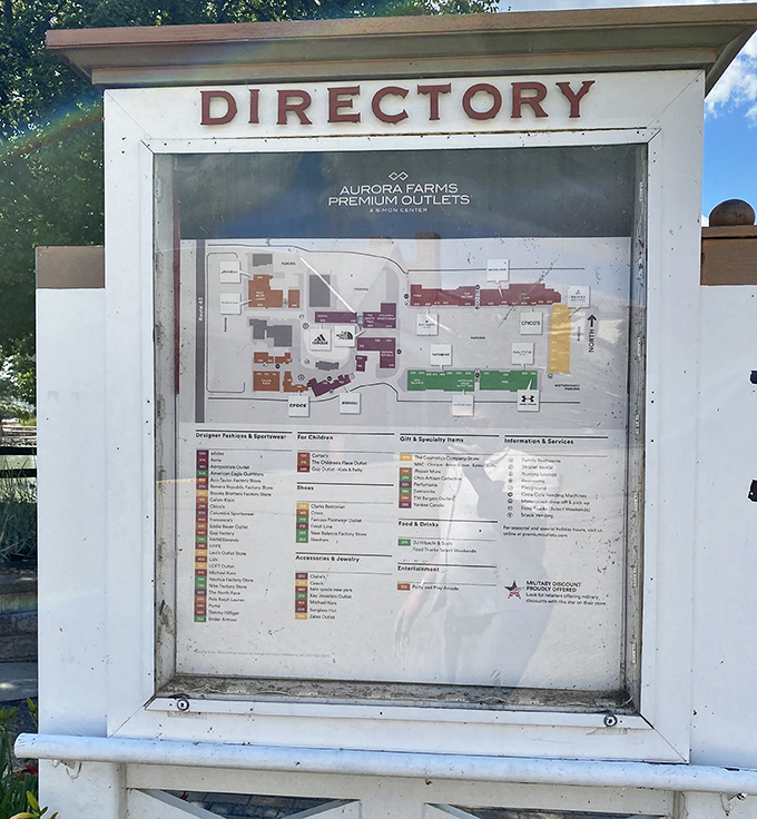The directory: your treasure map to savings, strategically placed to prevent the "we walked right past it" arguments that plague every shopping expedition.