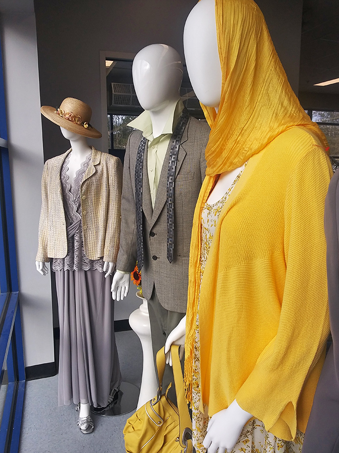 These elegantly dressed mannequins could easily be mistaken for a high-end department store display, not items with single-digit price tags.