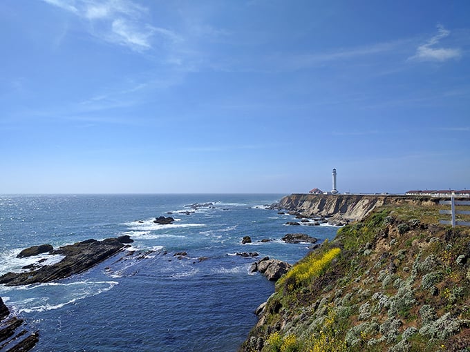The lighthouse stands like an exclamation point on the landscape, punctuating the dramatic meeting of land and sea along Highway 1.