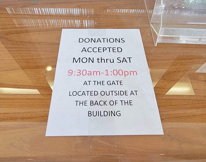 The fine print of treasure hunting: donations accepted Monday through Saturday. Your castoffs become someone else's "where did you find that?!"