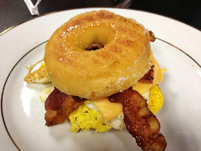 The legendary donut sandwich - breakfast's greatest hits album on a plate. Eggs, bacon, cheese, and a glazed donut playing the unexpected but perfect host.