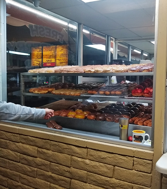 Donut heaven exists, and it looks exactly like this display case. Each shelf a different neighborhood in a city where every resident is delicious.