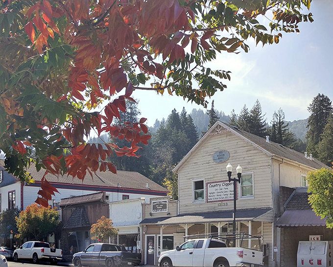 Fall foliage frames the view of Country Clipper and neighboring shops. Nature's seasonal art exhibition complements the town's historic architecture.