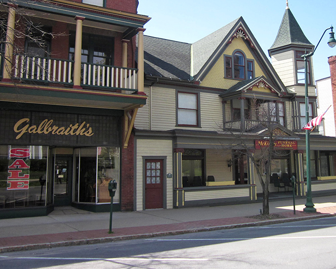 Galbraith's and McKinley Funeral Home showcase the architectural variety of Main Street, where Victorian details add character without pretension.