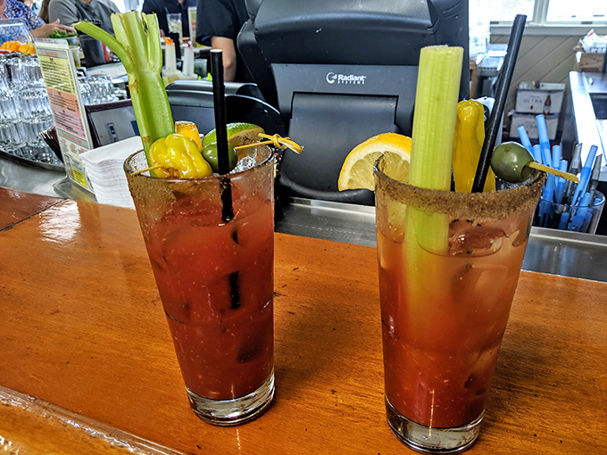 Those Bloody Marys aren't just drinks&mdash;they're appetizers, beverages, and conversation pieces all in one towering glass.