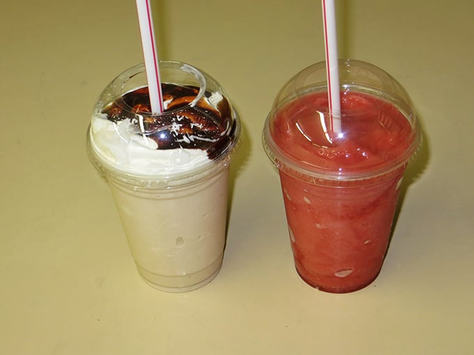 Smoothies that bring a splash of color to your dairy indulgence—one chocolate-drizzled dream alongside its fruity, refreshing counterpart for balance.