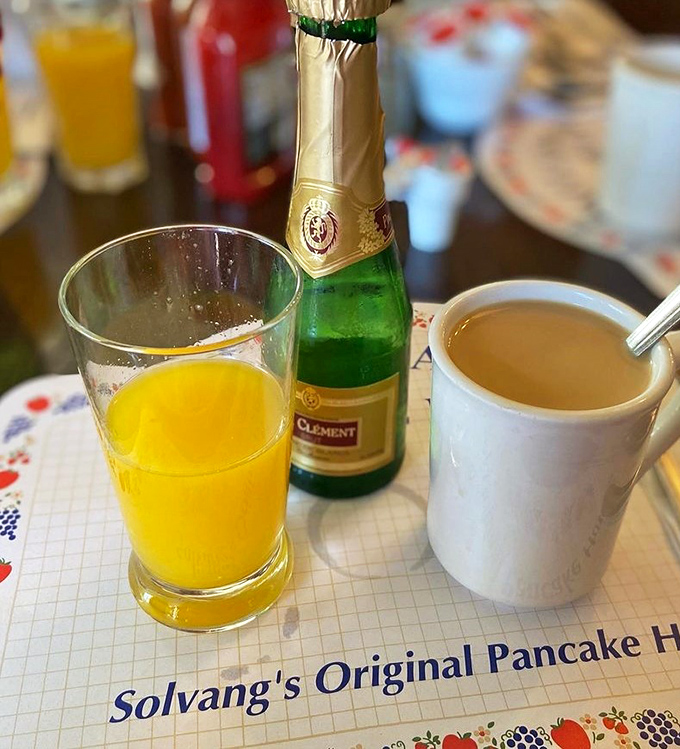 Morning mimosas and coffee—because sometimes breakfast calls for both caffeine and celebration, especially when you're dining in California's Little Denmark.
