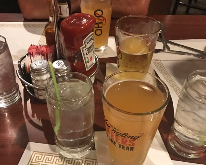 The beverage situation at Hickory Bar-B-Q&mdash;where a cold beer and classic condiment caddy remind you that some dining traditions are timeless for good reason.