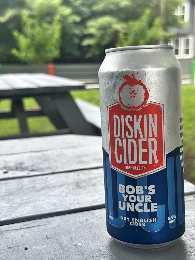 Nashville in a can! Local Diskin Cider's "Bob's Your Uncle" brings English dry cider charm to Tennessee's outdoor dining scene.