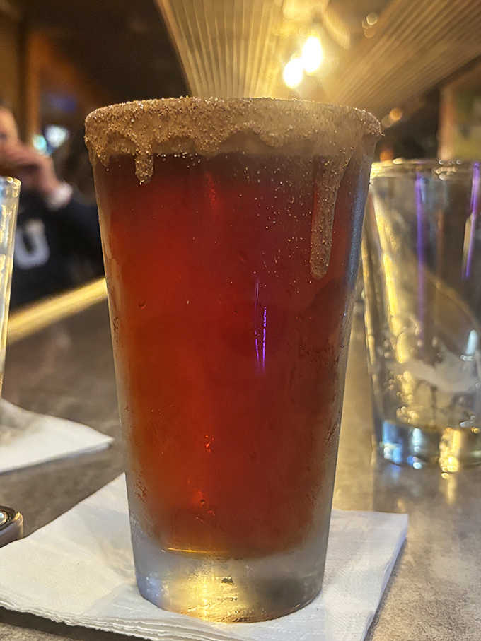 A proper pint with that sugar-rimmed edge&mdash;proof that Teschner's understands that drinks deserve the same respect as the food. Cold, amber perfection.