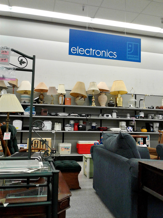The electronics section: where vintage lamps illuminate possibilities and yesterday's gadgets await their second act.