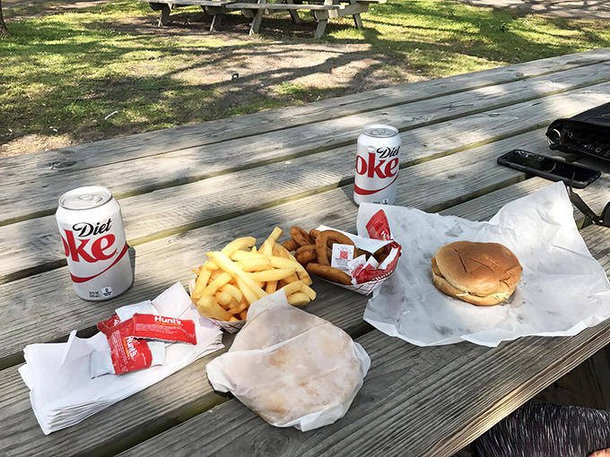 The picnic table feast&mdash;where Diet Cokes and wrapped treasures await. There's something wonderfully nostalgic about unwrapping lunch outdoors on a sunny Carolina day.