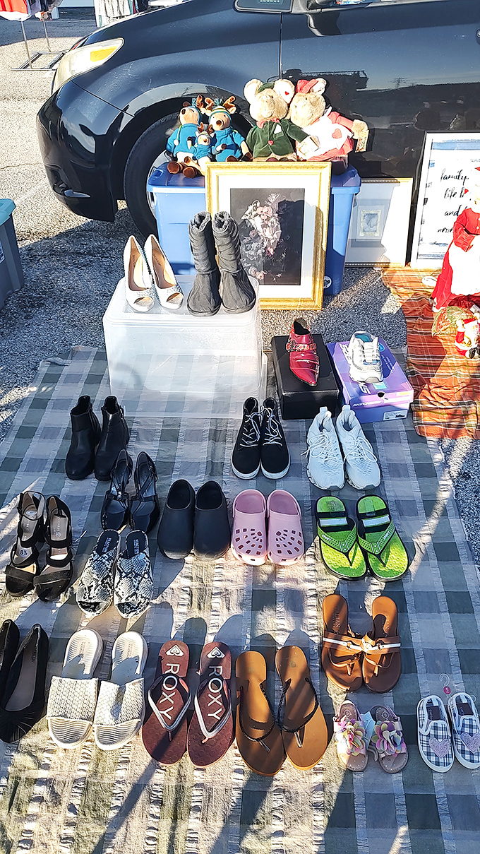 The footwear display offers a Cinderella moment for budget-conscious shoppers—somewhere in this jumble is the perfect fit at the perfect price.