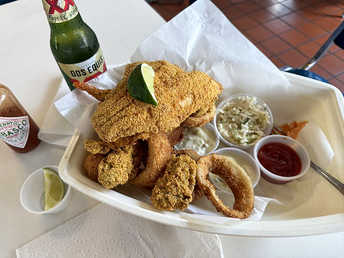 Onion rings and a seafood sandwich that make a compelling argument for extending your lunch hour. Your afternoon meetings can wait.