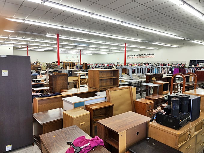 Wooden dressers and cabinets standing at attention, like hopeful contestants in a furniture beauty pageant waiting for their forever homes.