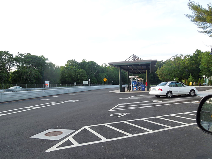 The rare service plaza&mdash;an oasis of practicality in a desert of beauty where aesthetics briefly bow to necessity.